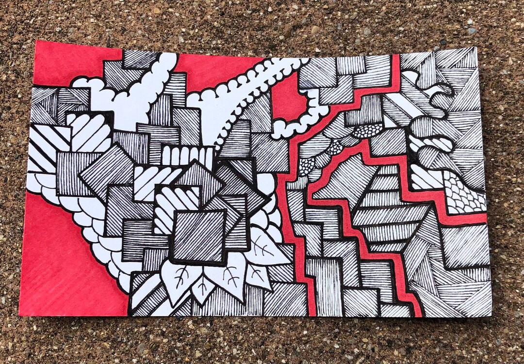 Index Card Drawing Number 1 - Black Pen and Red Marker - Etsy