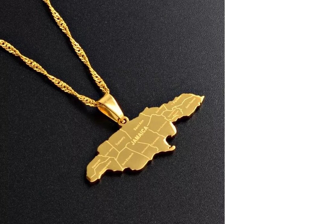 Gold Jamaica Flag Map Necklace Pendant & Chain Jamaican Caribbean ...