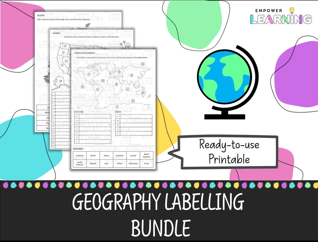 Geography Labelling Worksheet Bundle, Oceans and Continents, UK Cities ...