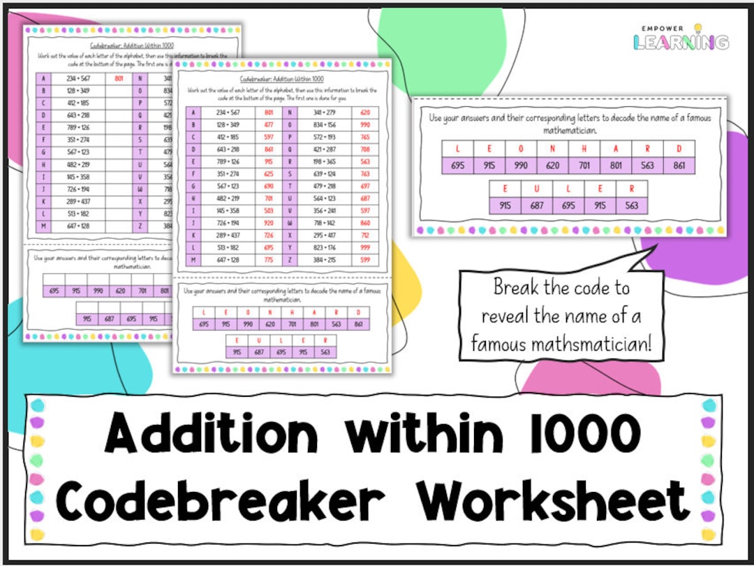 Addition Within 1000 Codebreaker Worksheet, Maths Teaching Resources ...