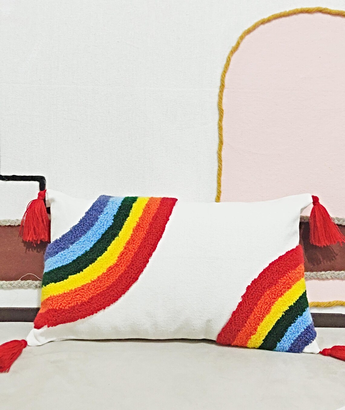 Colorful Rainbow Tassel Pillow | Boho Decorative Cushion | Textured ...