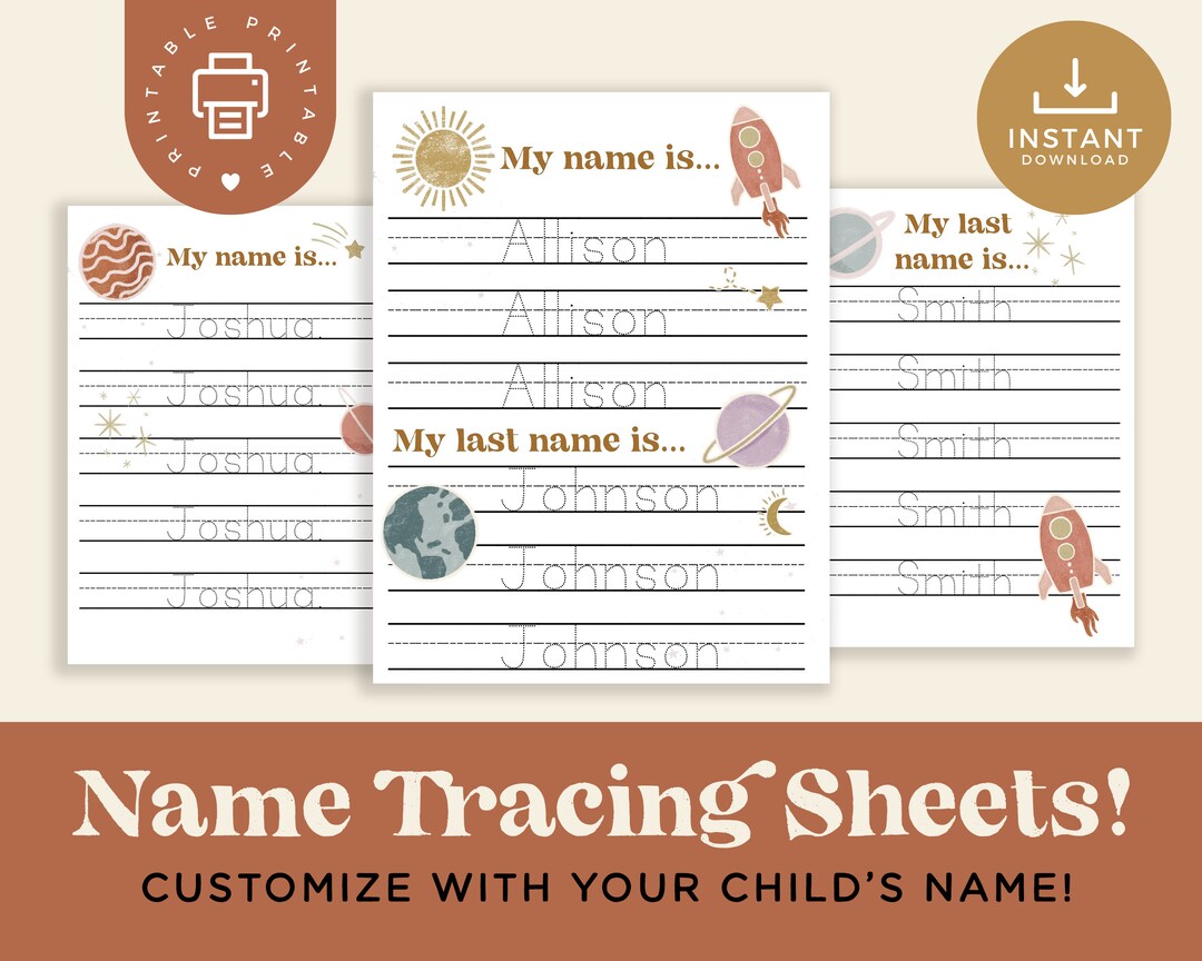 Space Themed Custom Name Tracing Sheet, Handwriting Practice, Worksheet ...