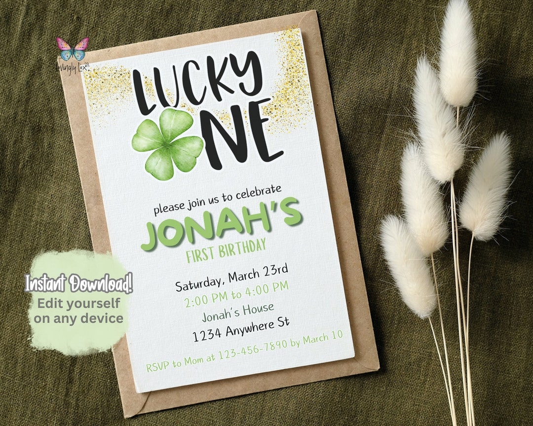 Lucky One First Birthday Invitation, Editable Lucky One Birthday Boy ...