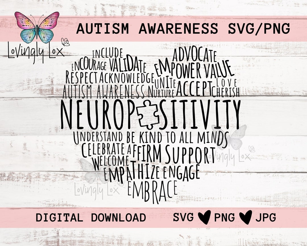 Autism Acceptance SVG Neurodiversity Awareness PNG Heart Word Art ...