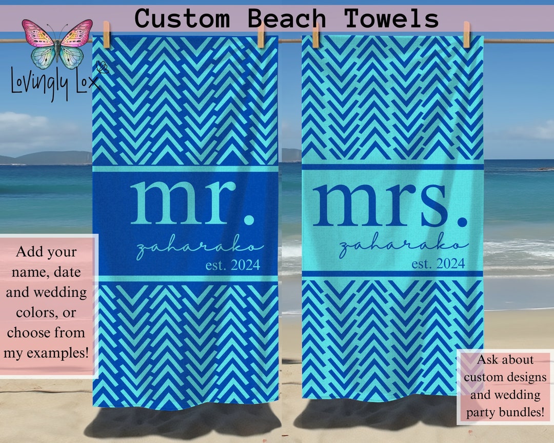 Custom Mr Mrs Beach Towel W Wedding or Fave Colors, Future Mrs Personalized Beach Towel, Bride ...