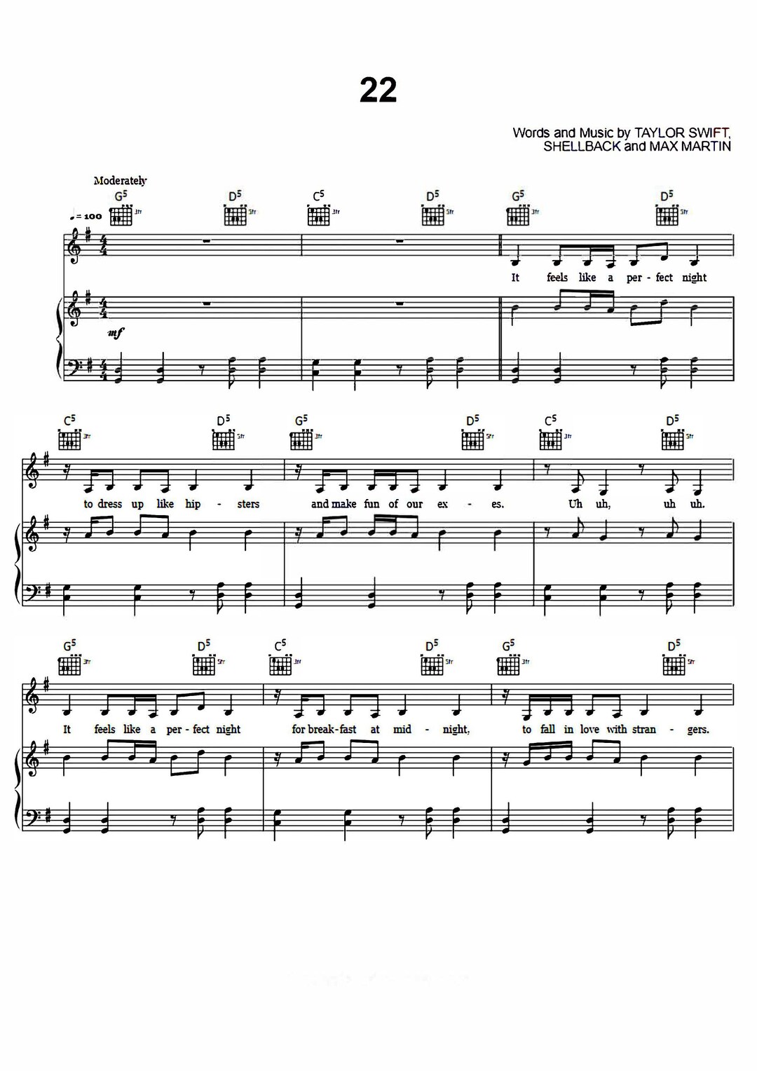 Taylor Swift 22 Sheet Music, Printable Digital Download, Easy Piano ...