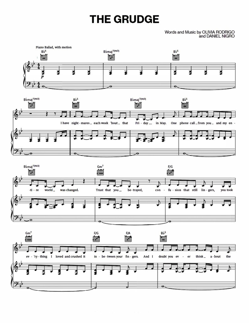 Olivia Rodrigo the Grudge Sheet Music Download Digital PDF, Pop Song ...
