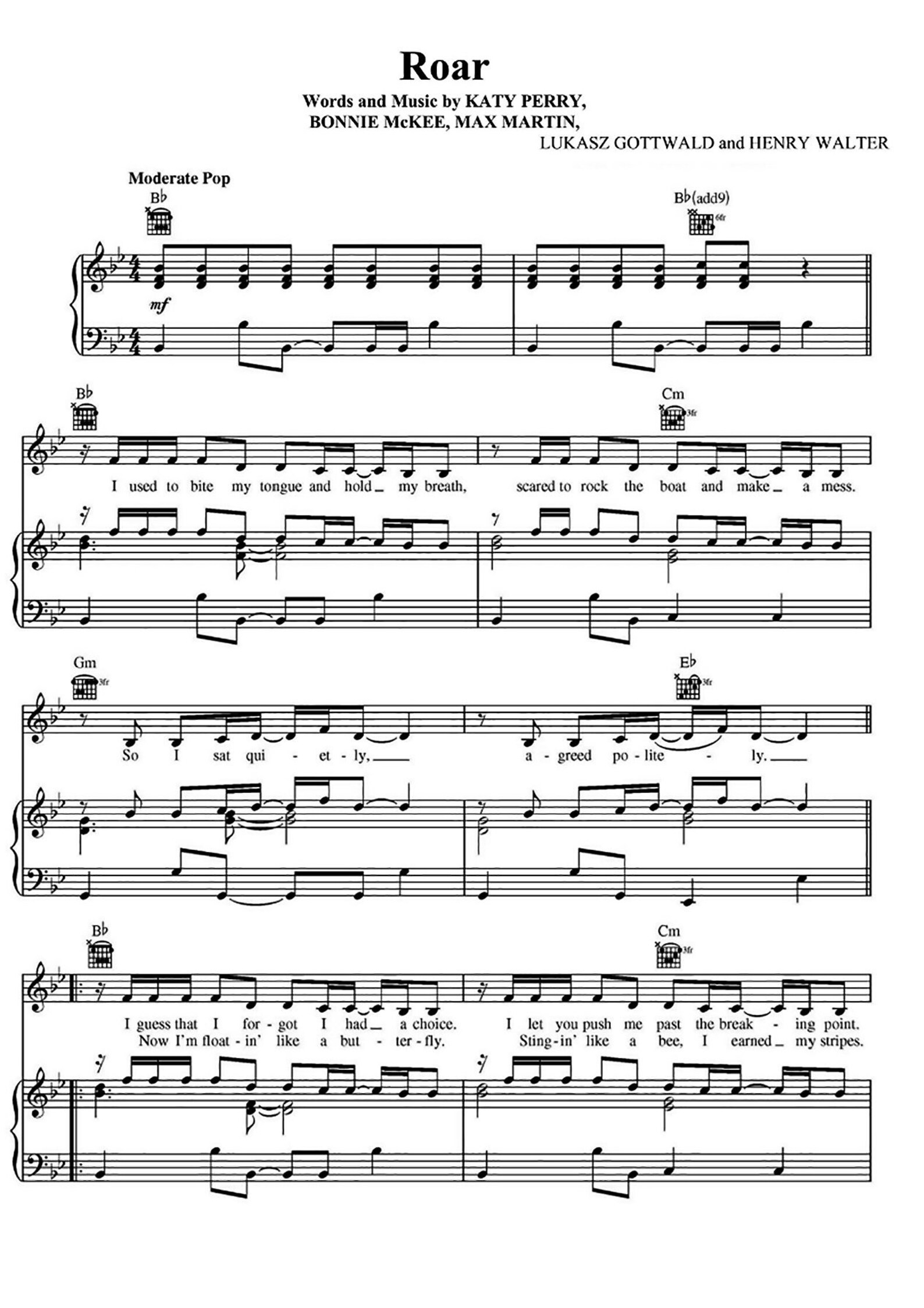 Katy Perry Roar Sheet Music, Printable PDF, Pop Song Piano Notes ...