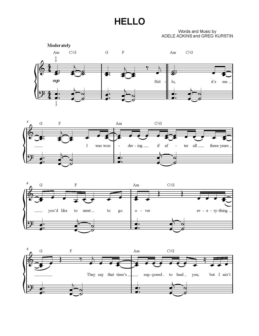 Adele Hello Piano Sheet Music Printable PDF Download Digital Music ...