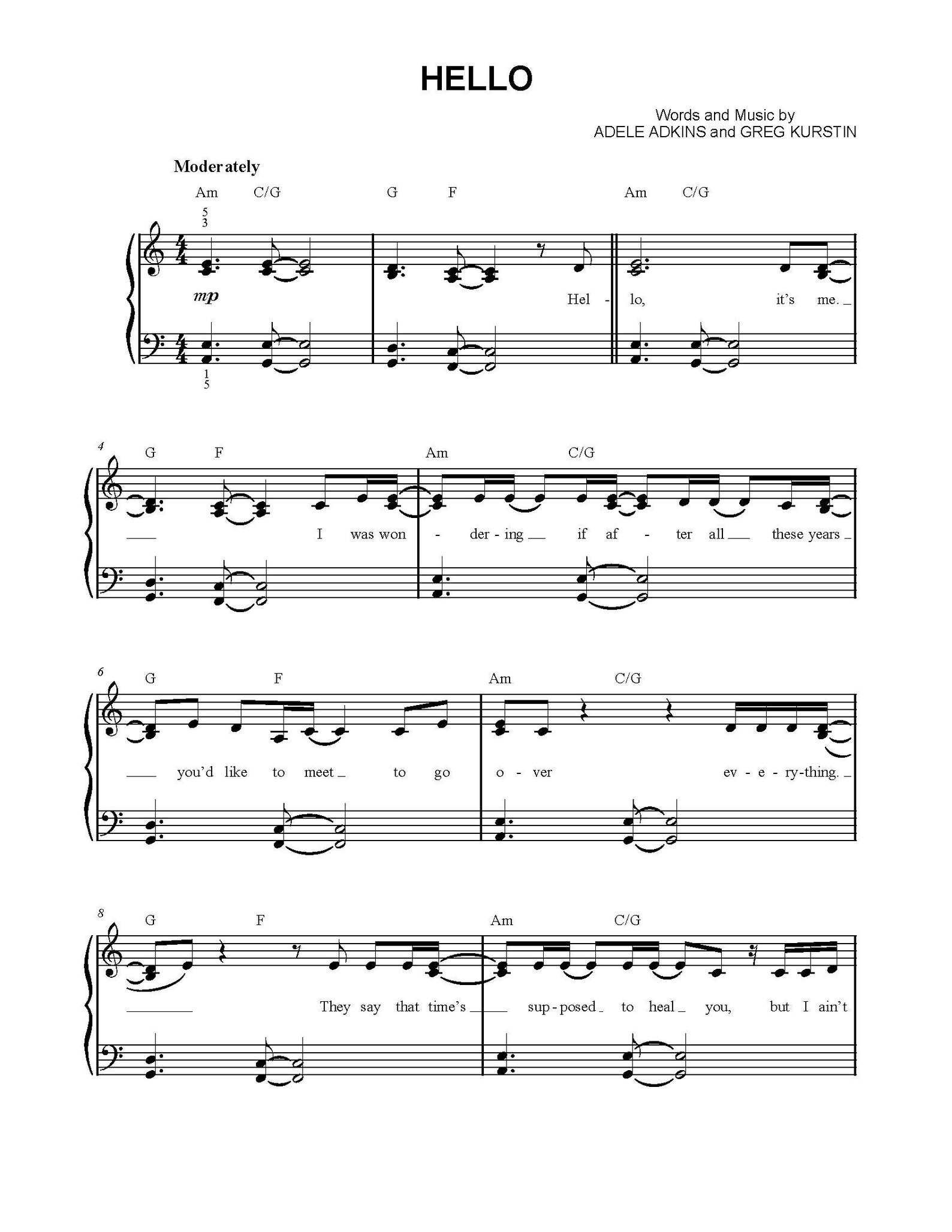 Adele Hello Piano Sheet Music Printable PDF Download Digital Music ...