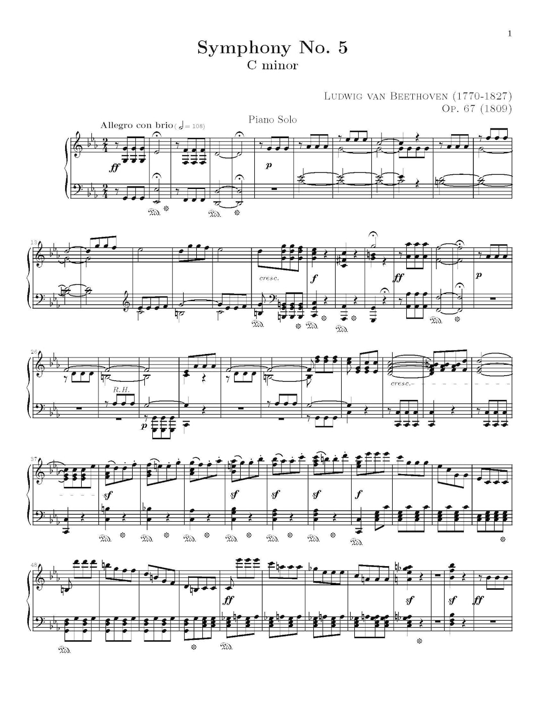 Ludwig Van Beethoven Symphony No 5 C Minor Sheet Music Classical Piano ...