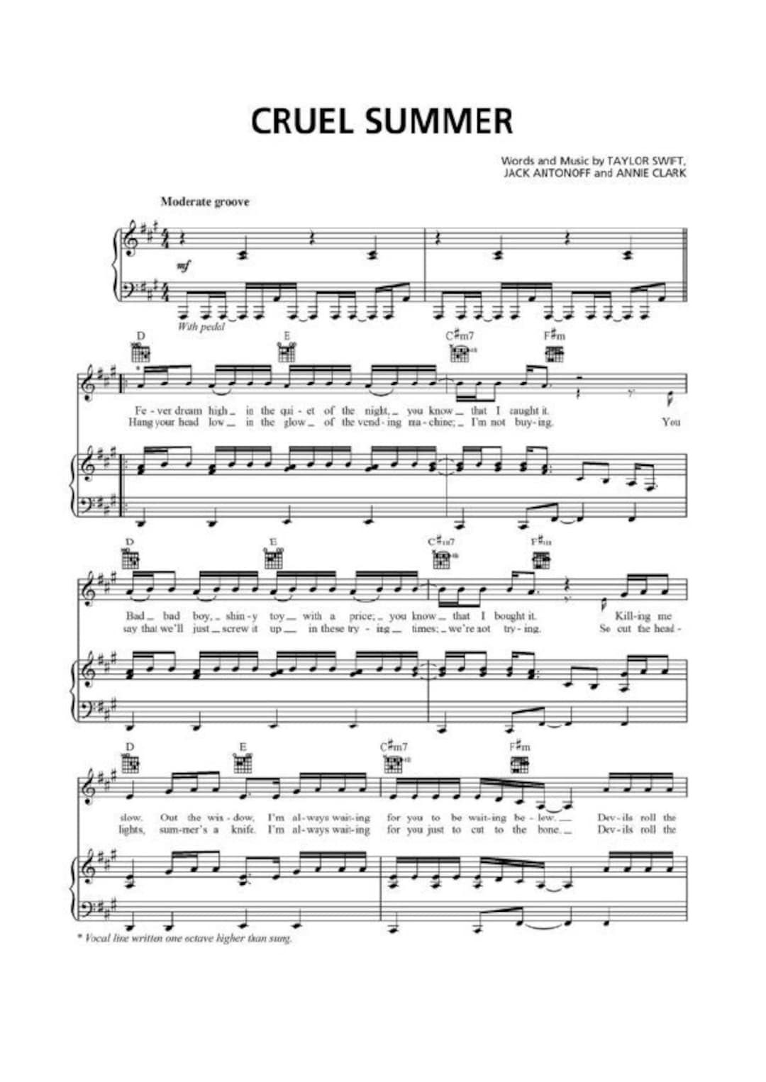 Taylor Swift Cruel Summer Sheet Music Printable PDF Pop Song Piano ...