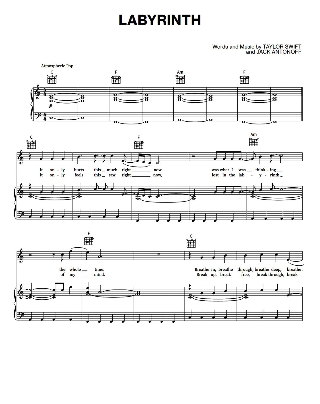 Buy Taylor Swift Labyrinth Sheet Music Piano, Guitar, Violin Printable ...