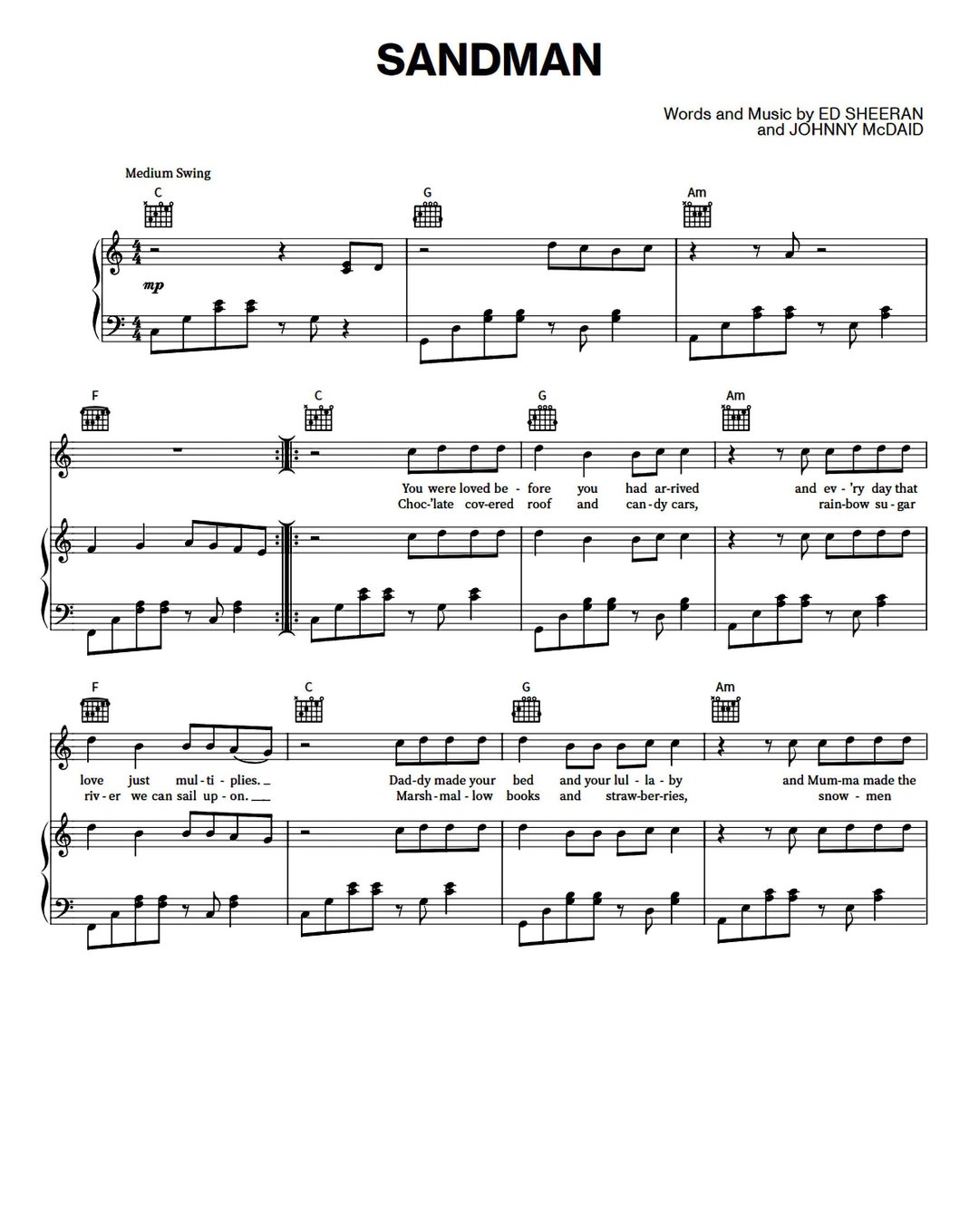 Ed Sheeran Sandman Sheet Music Printable Piano Score, Digital PDF ...