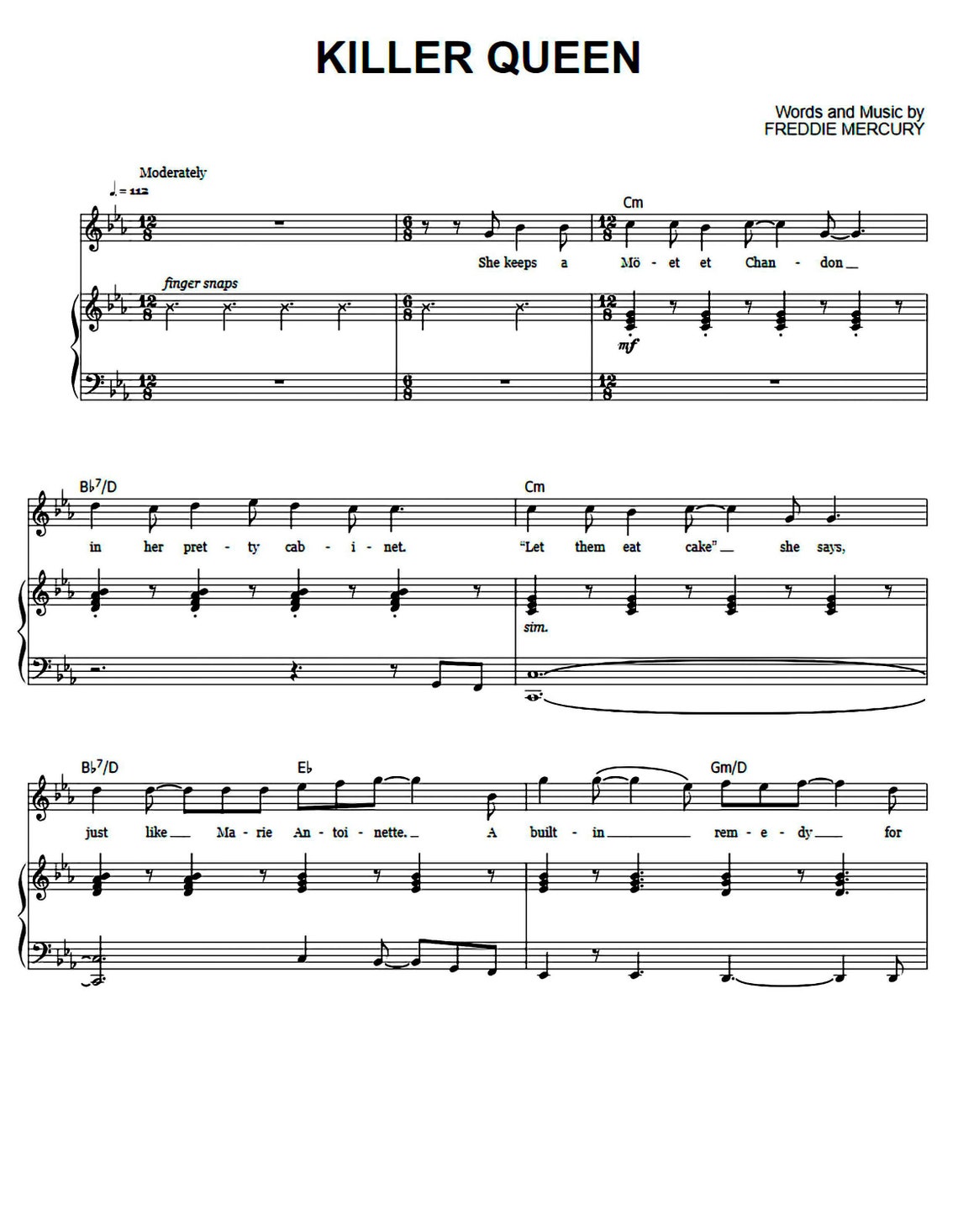Queen Killer Queen Sheet Music Classic Rock Piano, Bohemian Rhapsody ...