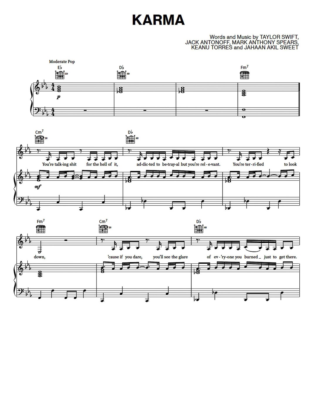 Taylor Swift Karma Sheet Music Digital Download, Guitar Piano Song ...