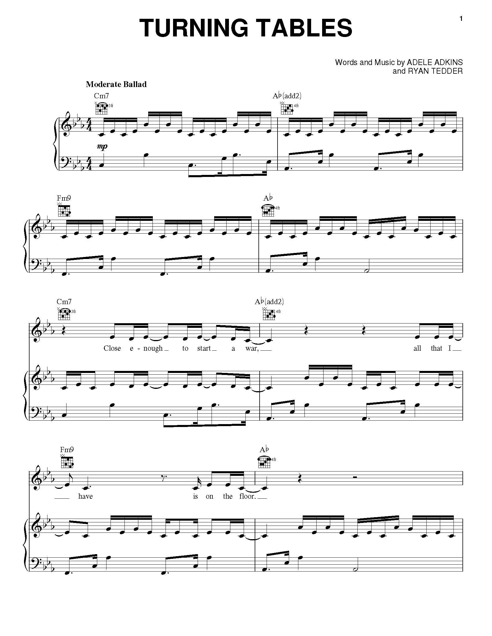Adele Turning Tables Sheet Music Piano, Vocal, Chords Printable Digital ...