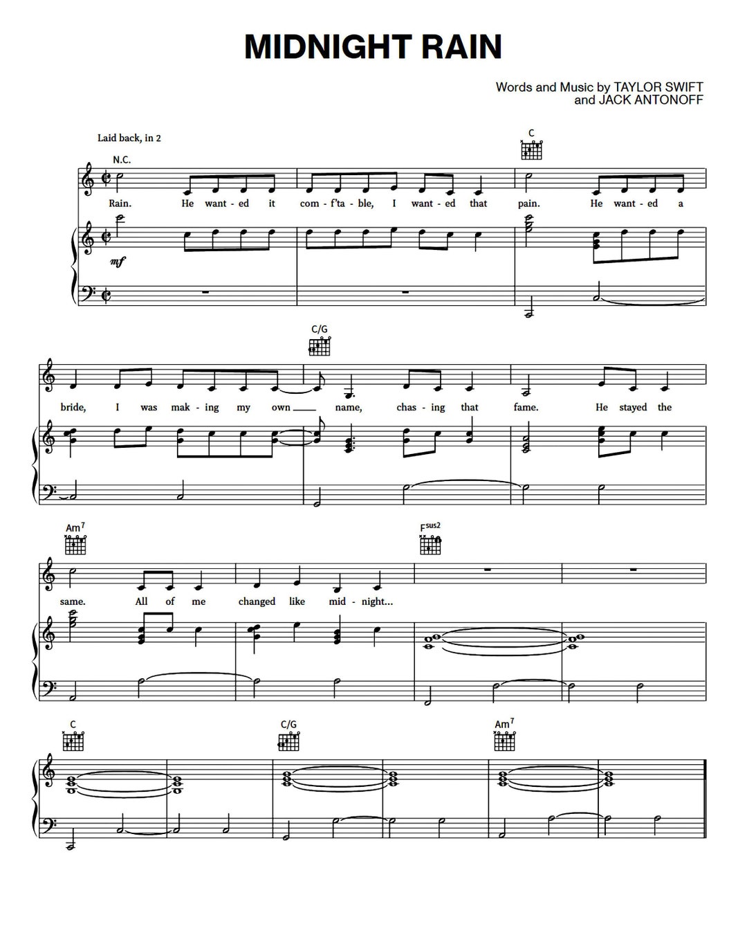 Taylor Swift Midnight Rain Sheet Music Piano Guitar Chords Lyrics ...