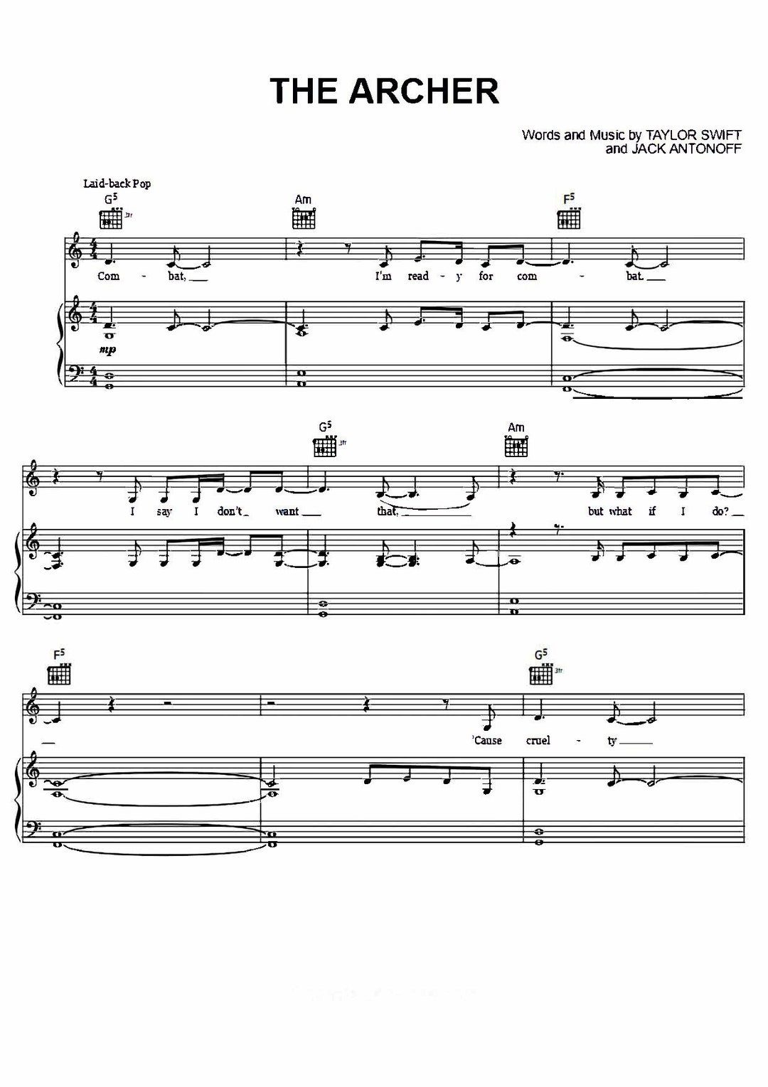 Taylor Swift the Archer Piano Sheet Music, Digital Download, Printable ...