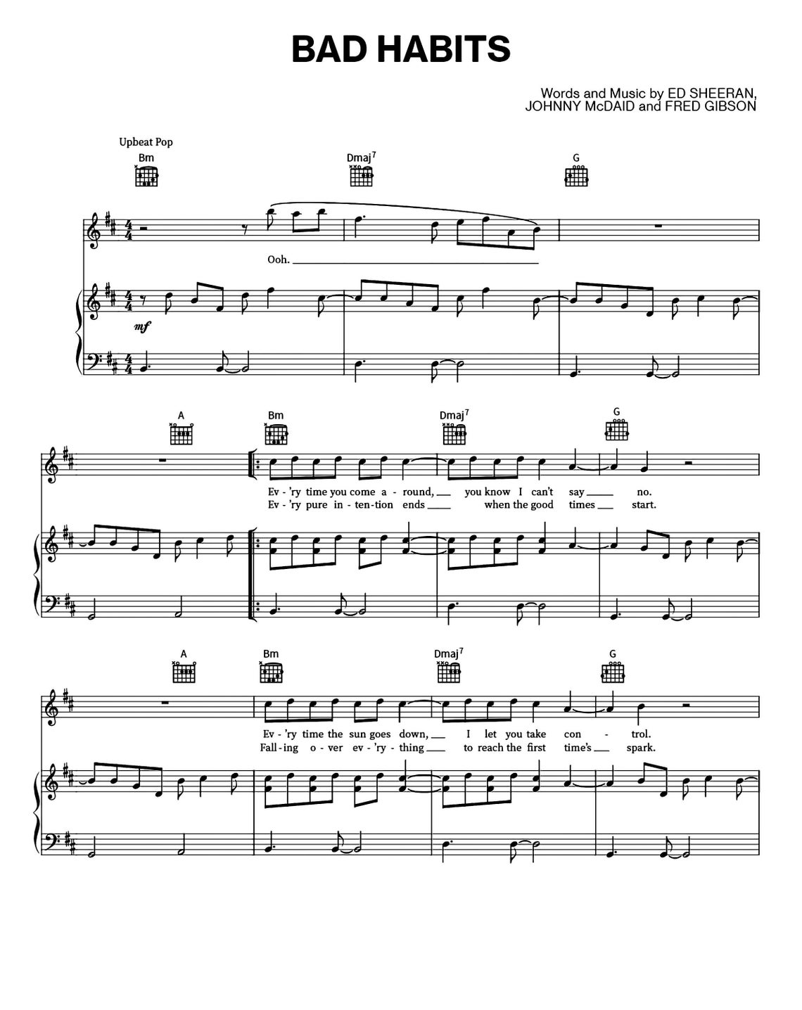 Ed Sheeran Bad Habits Sheet Music Play the Hit Song on Piano, Vocal ...