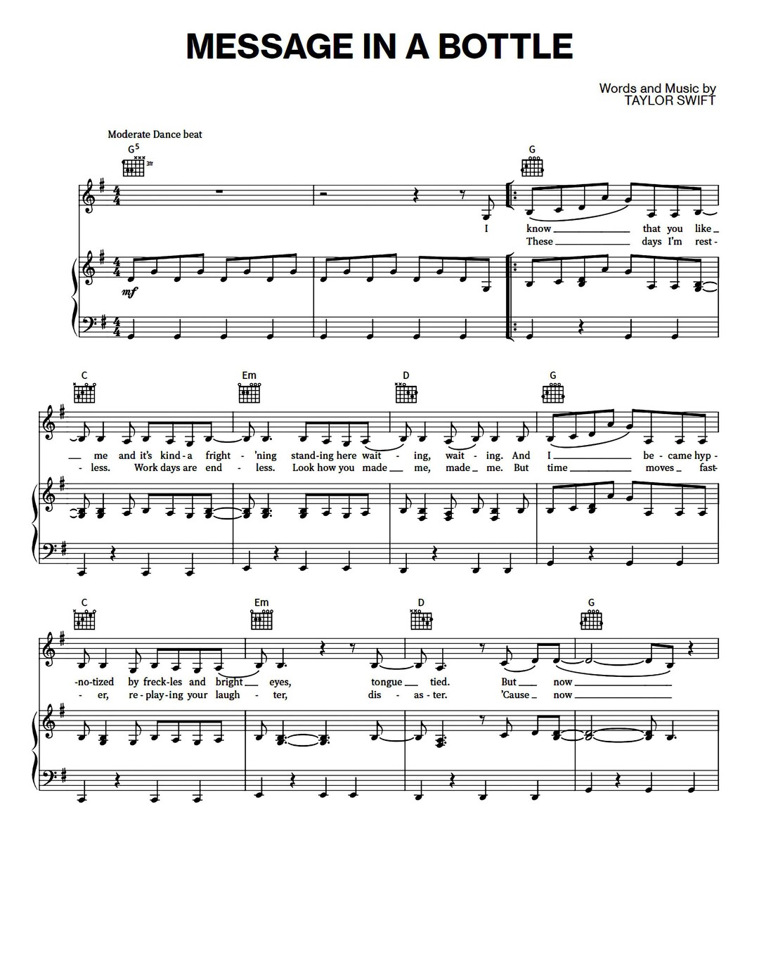 Taylor Swift Message in A Bottle Sheet Music Piano Guitar Voice Song ...
