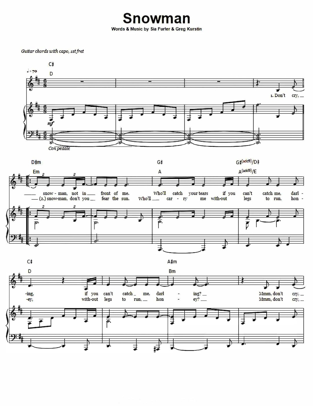 Sia Snowman Sheet Music Download Digital PDF, Holiday Song, Vocal and ...