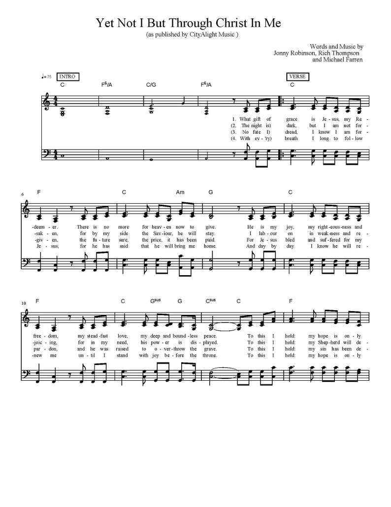 Cityalight yet Not I but Through Christ in Me Music Sheet, Christian ...