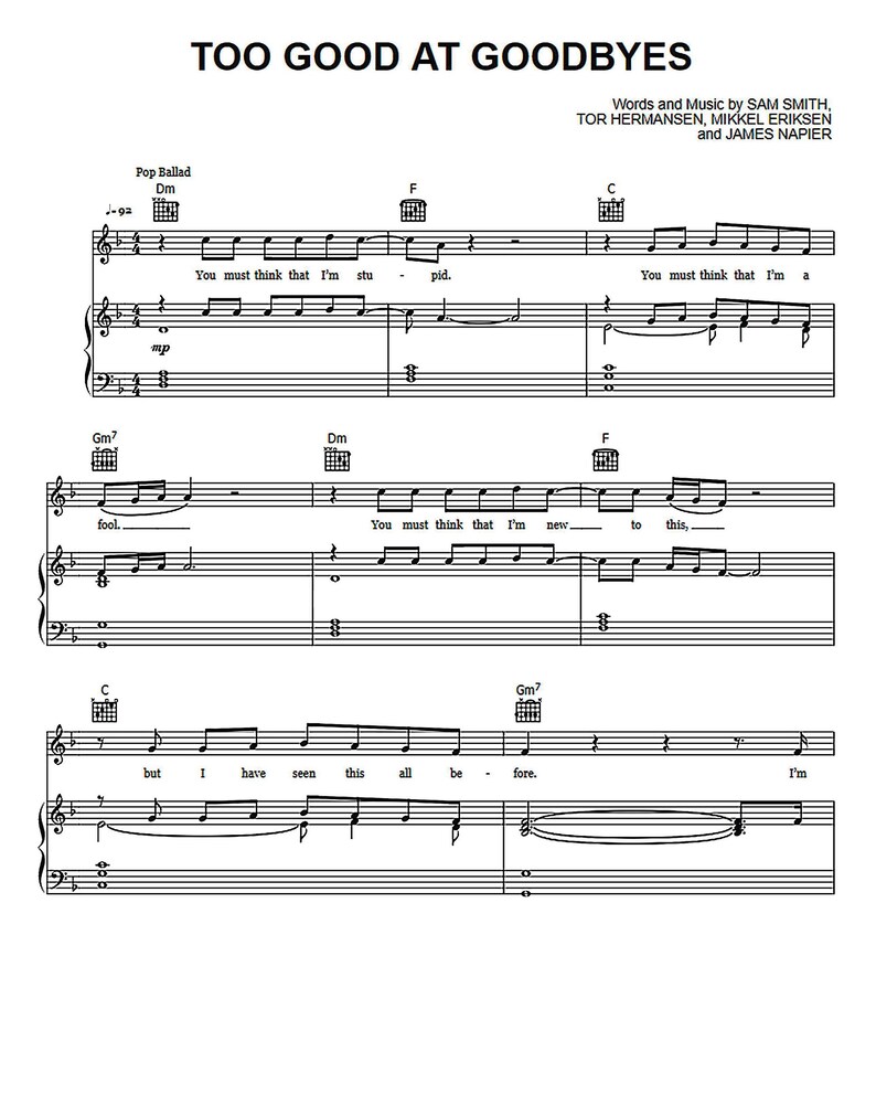 Sam Smith Too Good at Goodbyes Music Sheet, Piano Notes, Digital ...