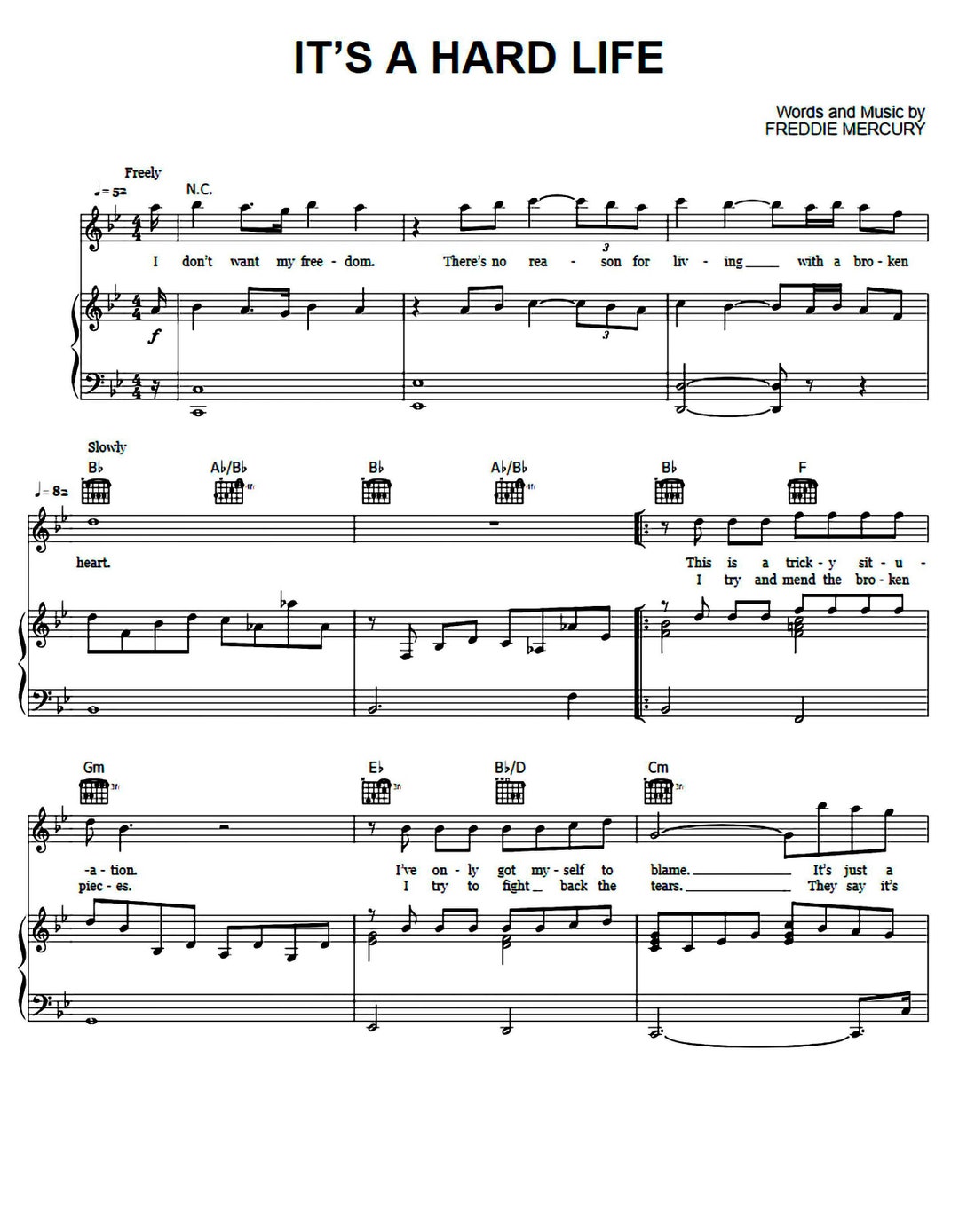 Queen It's A Hard Life Sheet Music Vintage Piano Score for Music Room ...