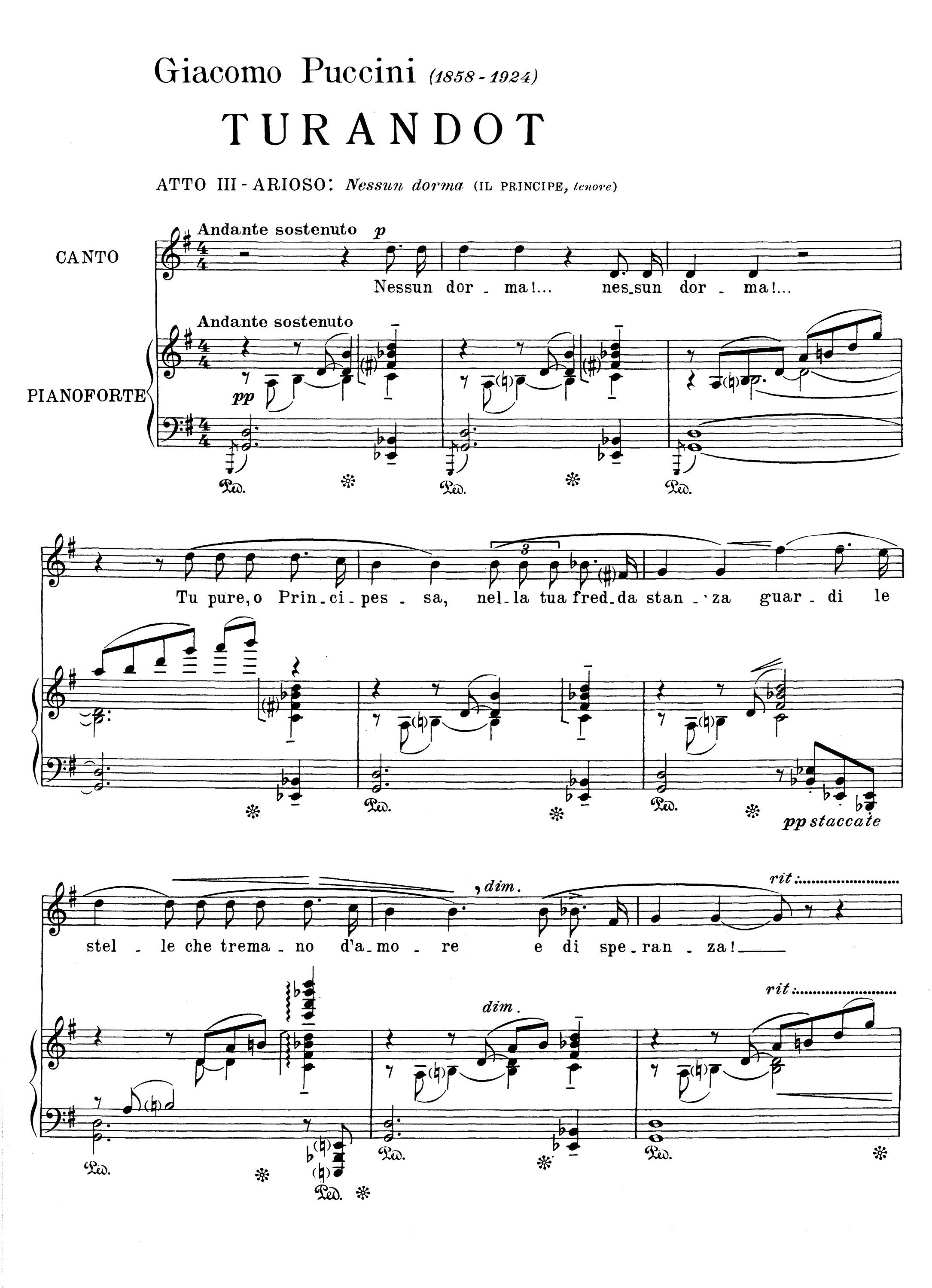 Giacomo Puccini Nessun Dorma From Turandot Sheet Music, Instant Download for Vocalists and ...