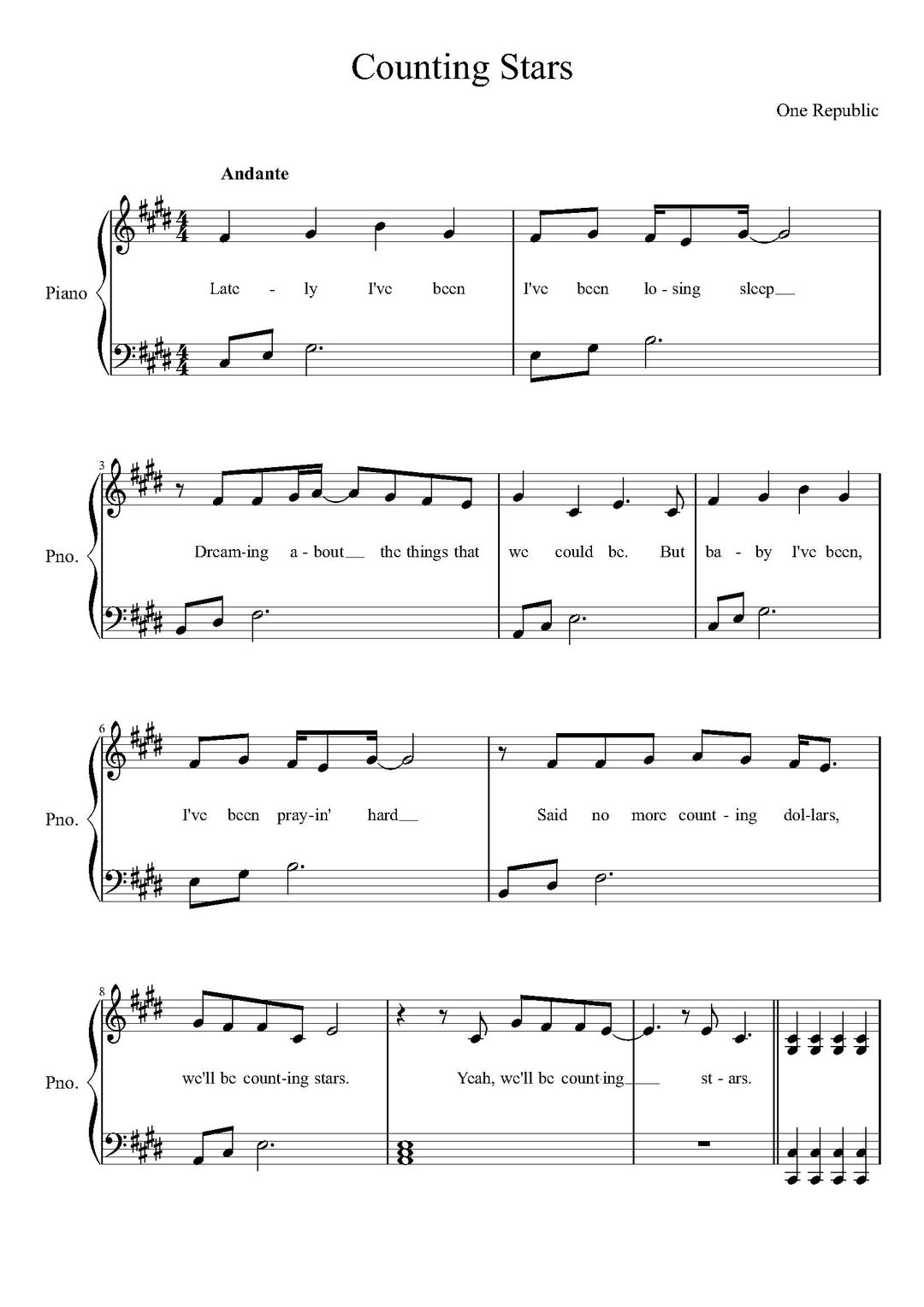 One Republic Counting Stars Sheet Music Download Digital PDF, Pop Song ...