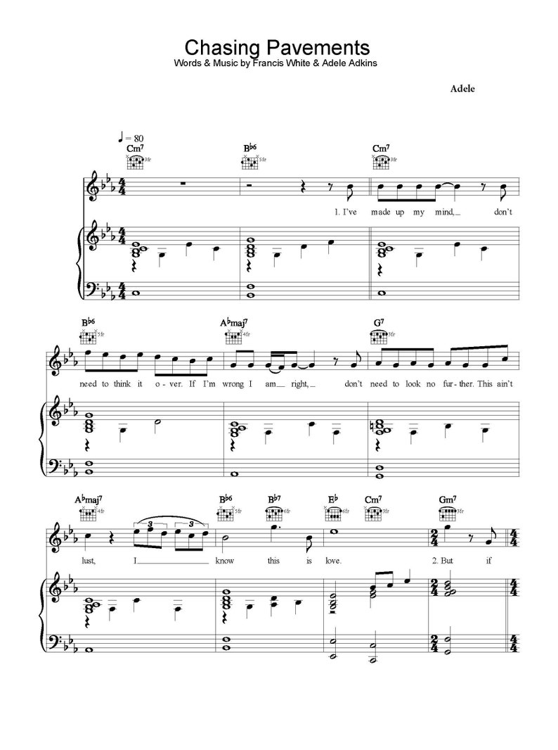 Adele Chasing Pavements Piano Sheet Music Digital Download Easy Piano Printable PDF, Digital ...