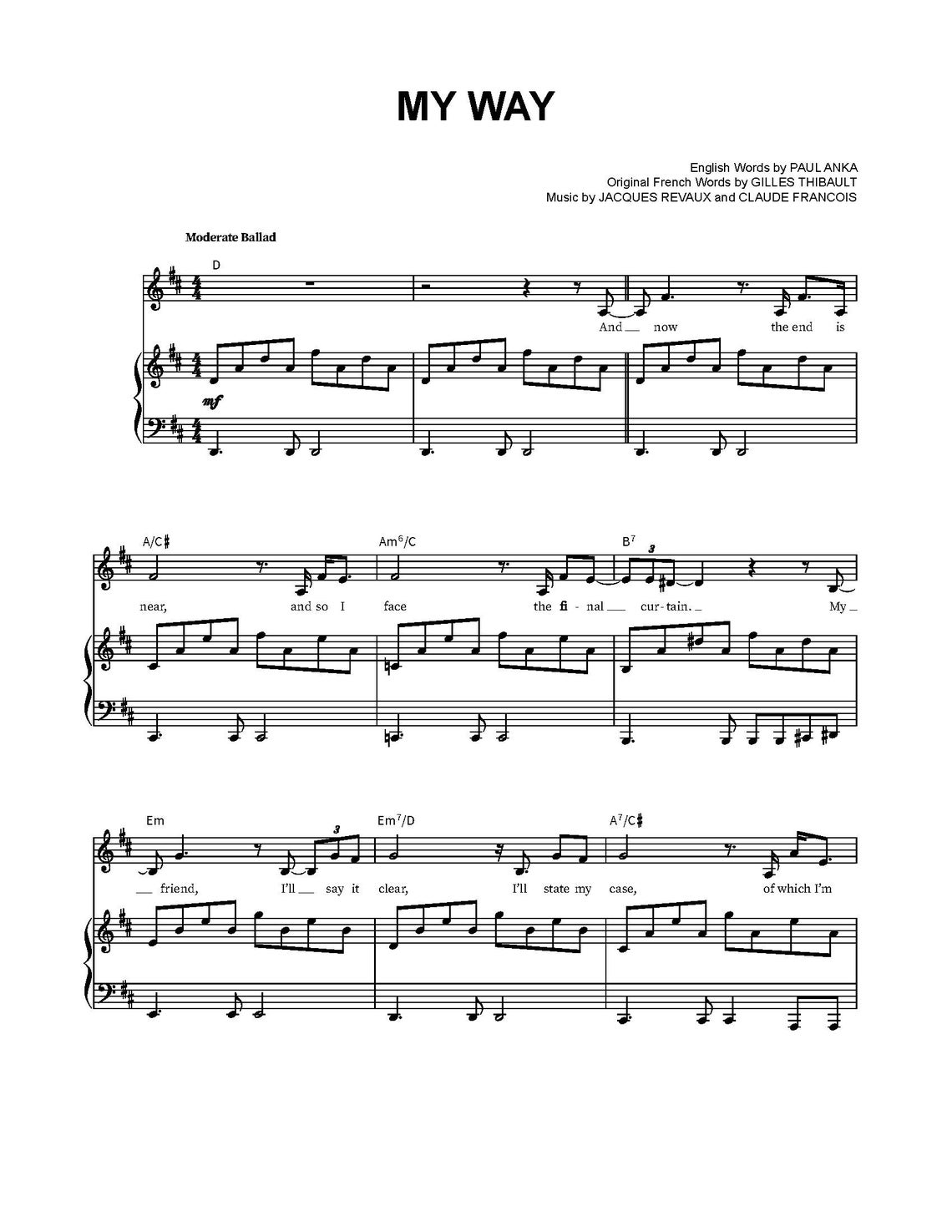 Frank Sinatra My Way Piano Sheet Music Classic Sinatra Music Piano Arrangement of My Way Frank ...