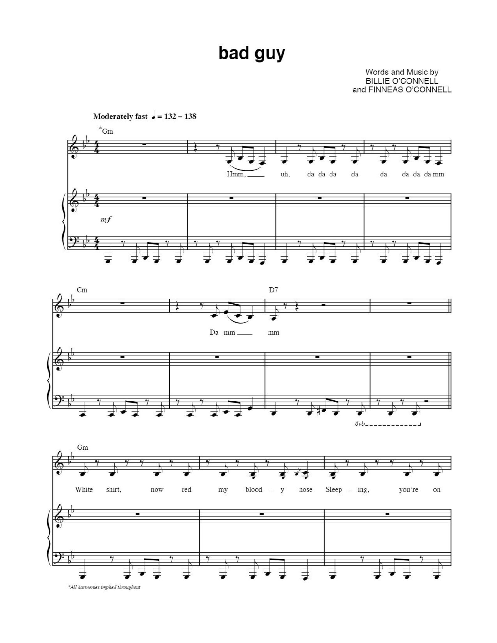 Billie Eilish Bad Guy Music Sheet Piano, Guitar, Vocal Arrangement ...