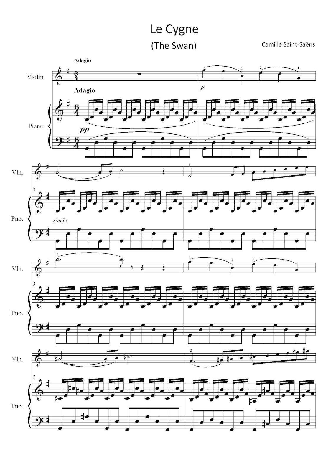 Camille Saint Saens Le Cygne the Swan Music Sheet Classical Cello Solo With Piano Romantic Era ...