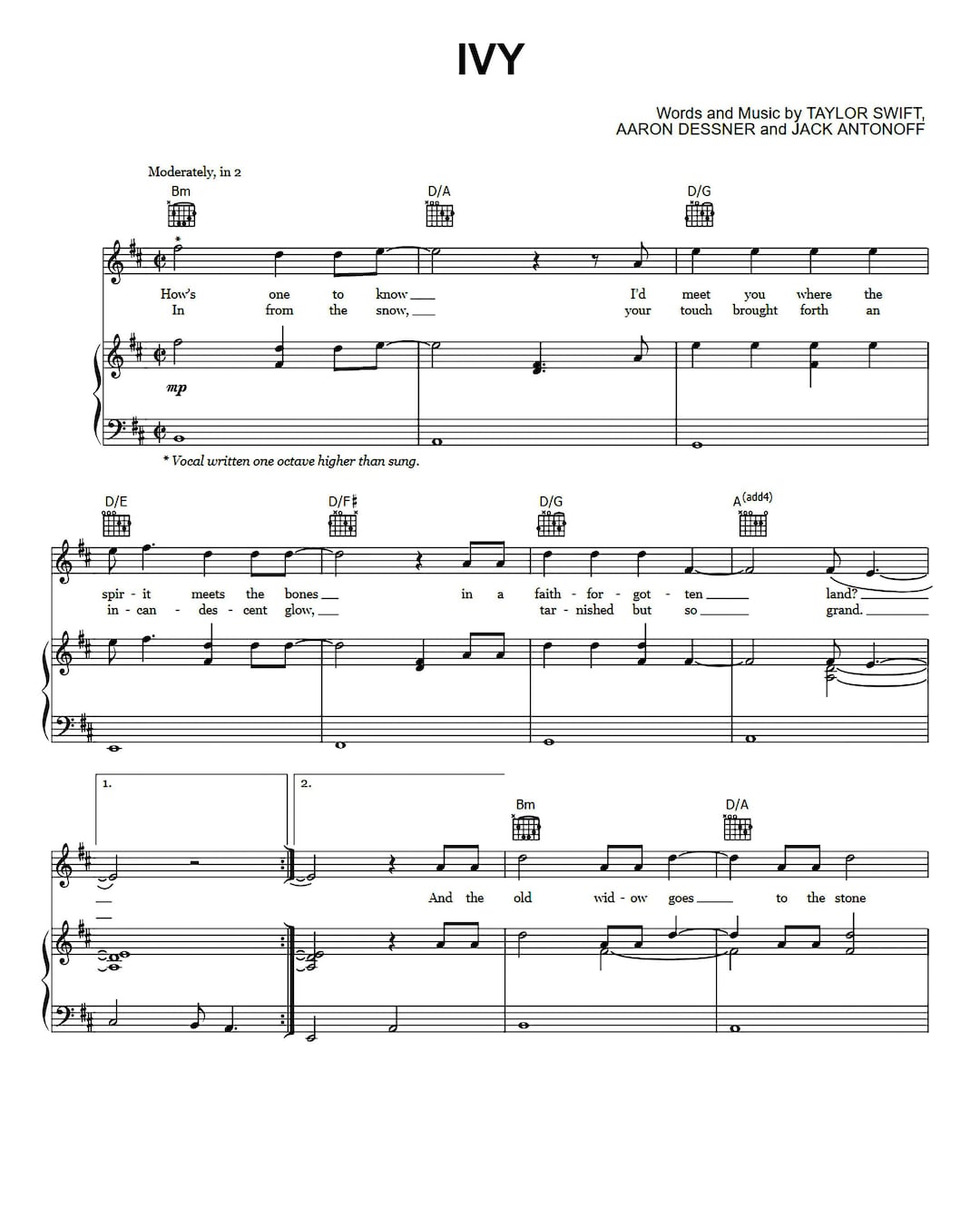 Taylor Swift Ivy Sheet Music Piano, Guitar, Voice Digital Download ...