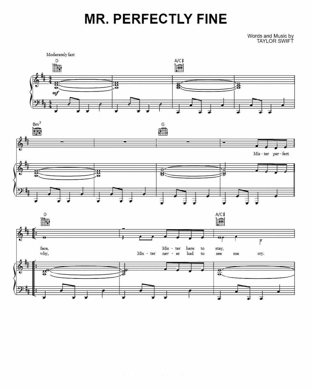 Taylor Swift Mr. Perfectly Fine Sheet Music High-Quality Piano Notation ...