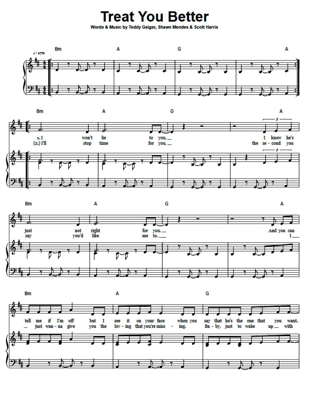 Shawn Mendes Treat You Better Sheet Music Easy Piano Arrangement ...