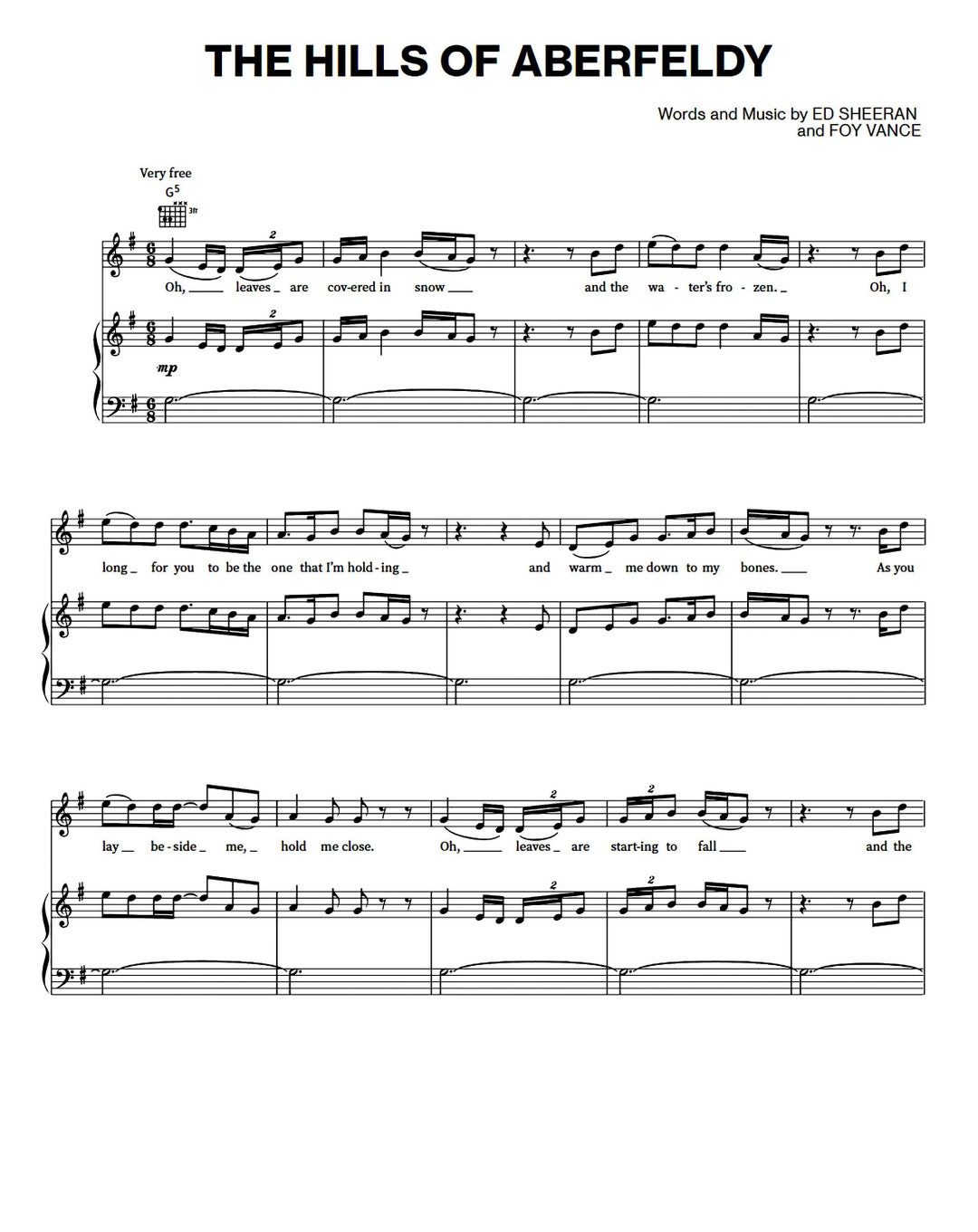 Ed Sheeran the Hills of Aberfeldy Sheet Music Piano Score, Digital ...