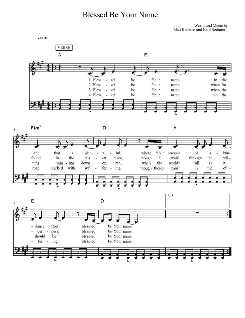 Matt Redman Blessed Be Your Name Sheet Music, Christian Worship Song Piano Score, Digital PDF ...