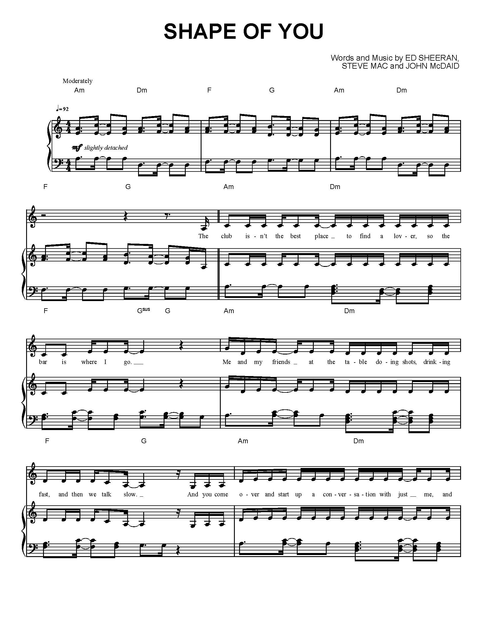 Ed Sheeran Shape of You Sheet Music Digital Download, Piano, Guitar ...