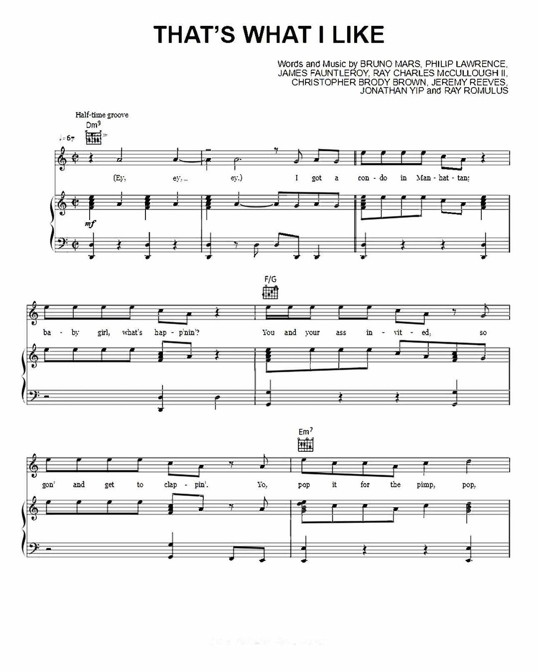 Bruno Mars That's What I Like Sheet Music, Printable PDF, Piano Music ...