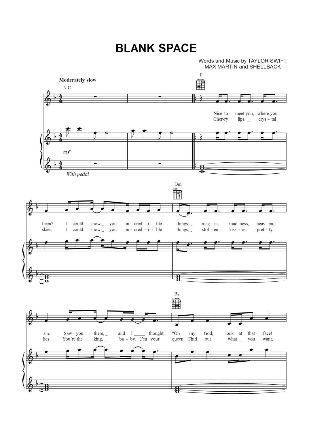 Taylor Swift Blank Space Sheet Music, Printable PDF, Piano Song Notes ...