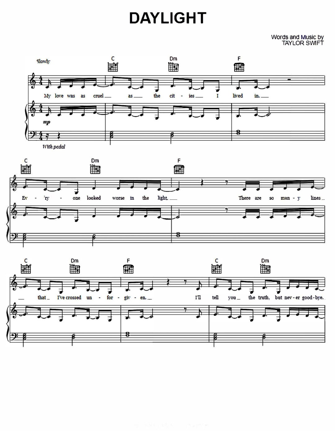 Taylor Swift Daylight Music Sheet Printable PDF, Piano, Guitar, Tabs ...