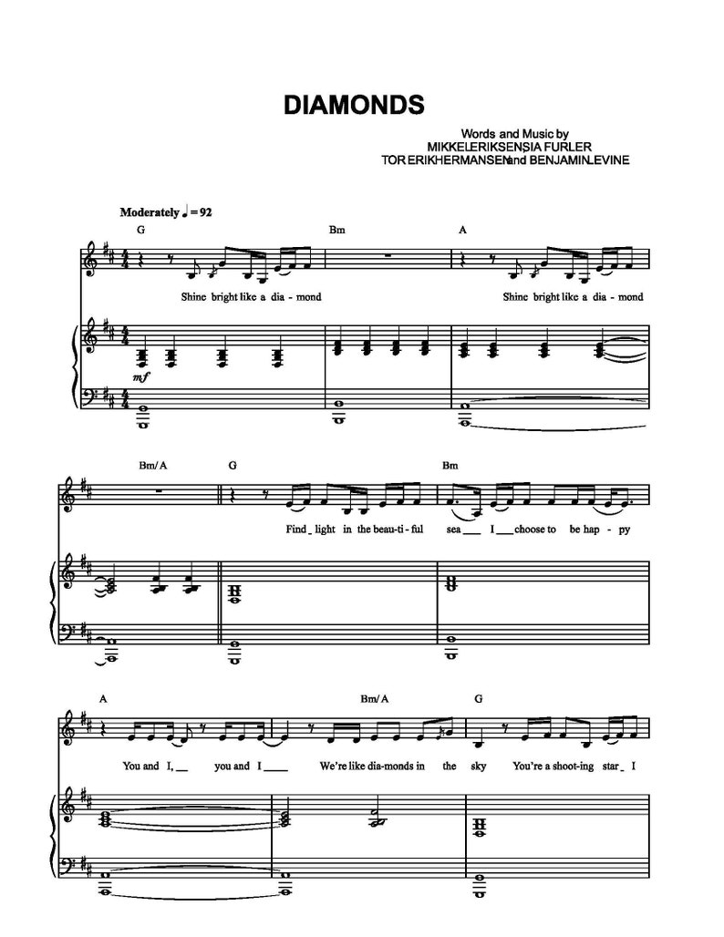 Rihanna Diamonds Sheet Music Piano & Vocal Printable PDF Digital ...