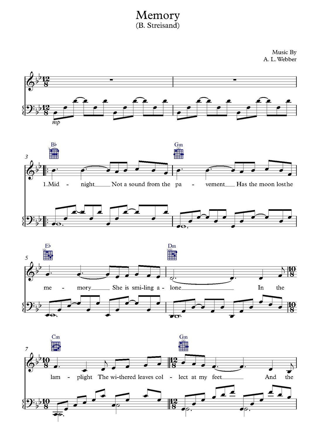 Barbra Streisand Memory Sheet Music Classic Piano Arrangement Musical ...