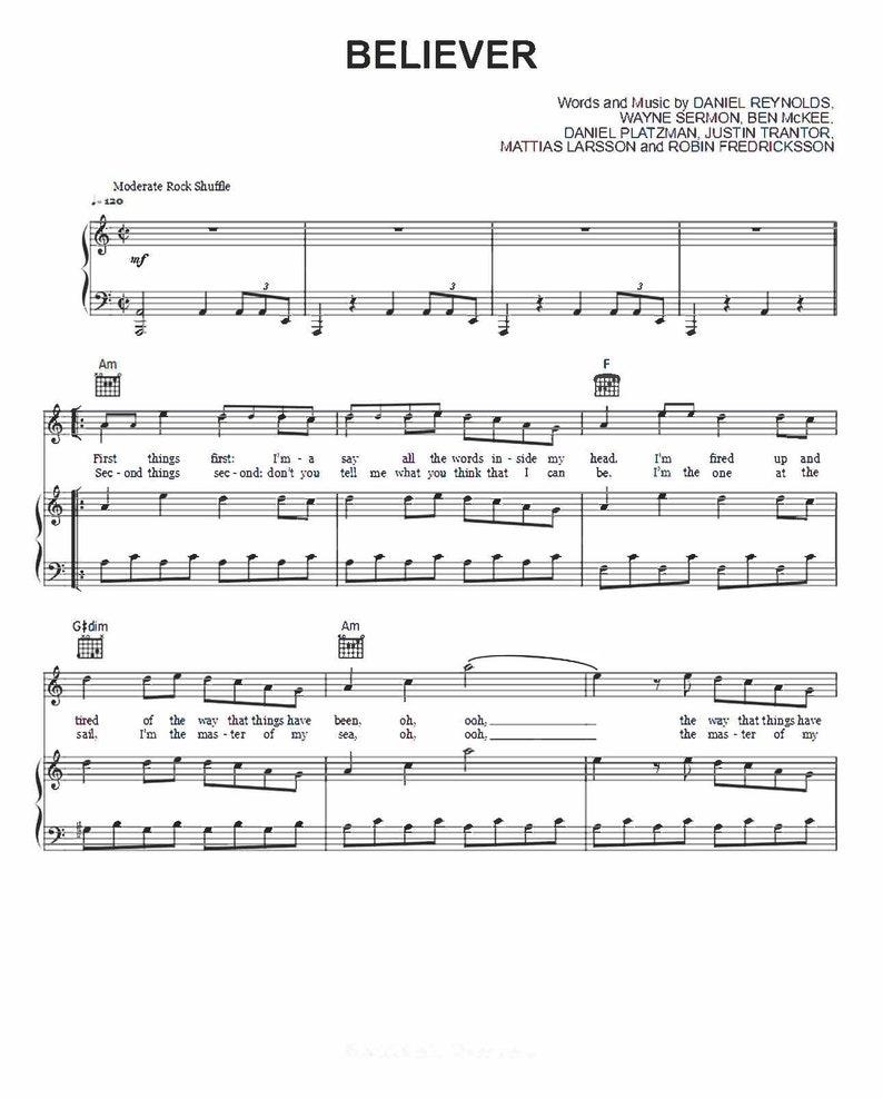 Imagine Dragons Believer Sheet Music, Digital Download, Piano, Guitar ...