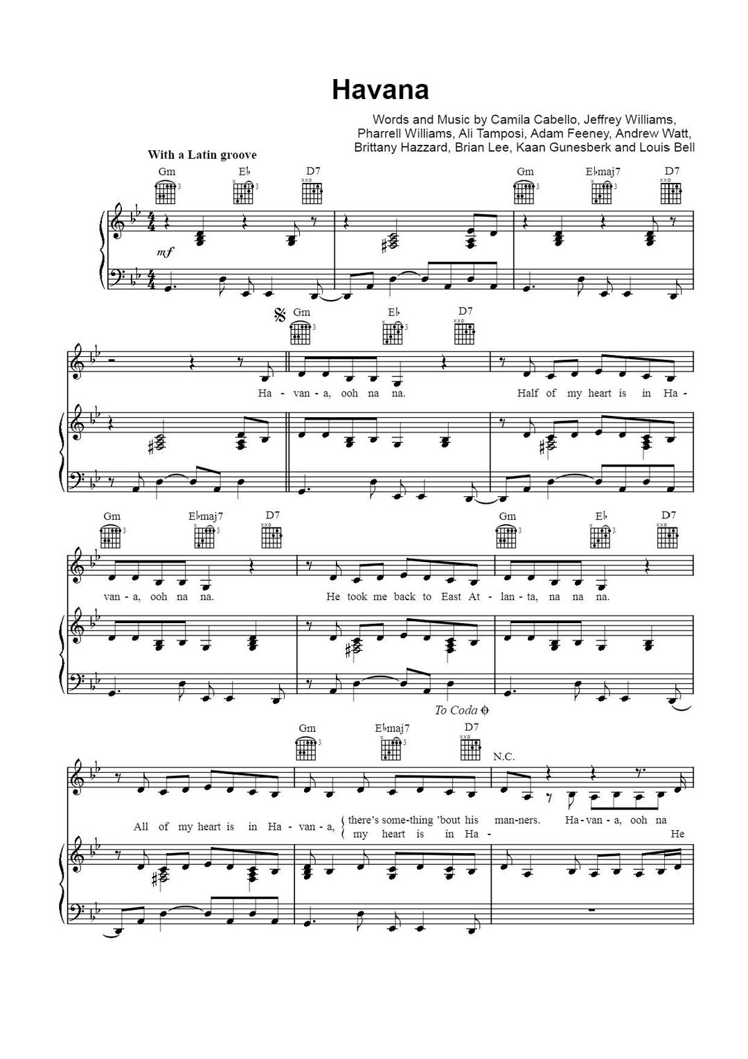 Camila Cabello Havana Sheet Music Piano, Vocal, Guitar Arrangement ...