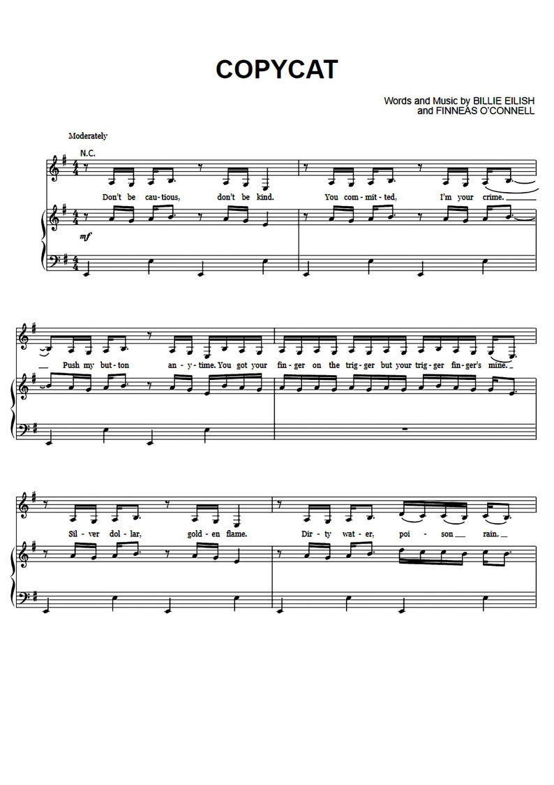 Billie Eilish Copycat Sheet Music Digital Download Piano & Vocals Pop ...