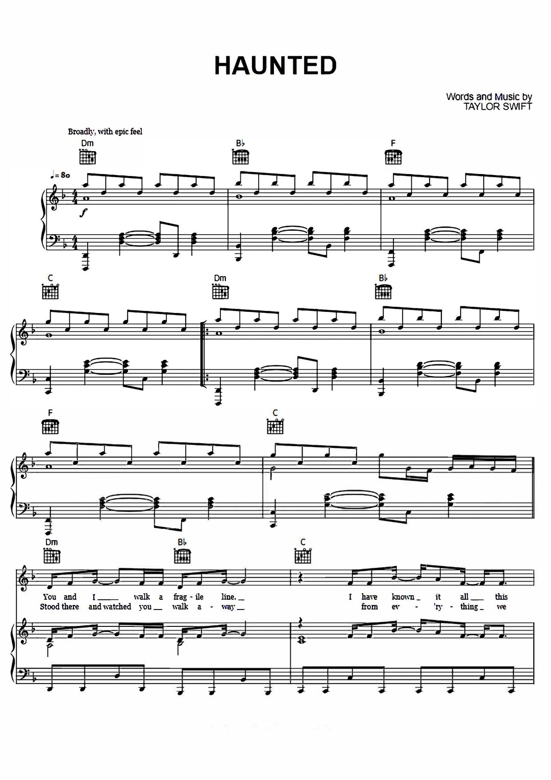 Taylor Swift Haunted Music Sheet for Piano, Printable PDF, Song Notes ...
